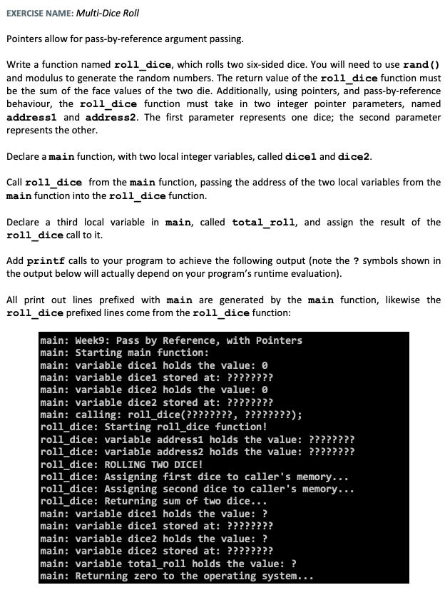EXERCISE NAME: Multi-Dice Roll Pointers allow for | Chegg.com