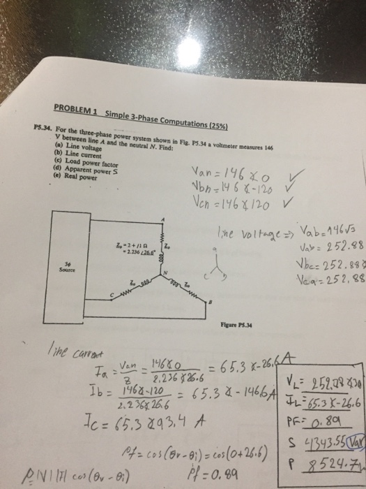 Solved For the three-phase power system shown in Fig. P5.34 | Chegg.com