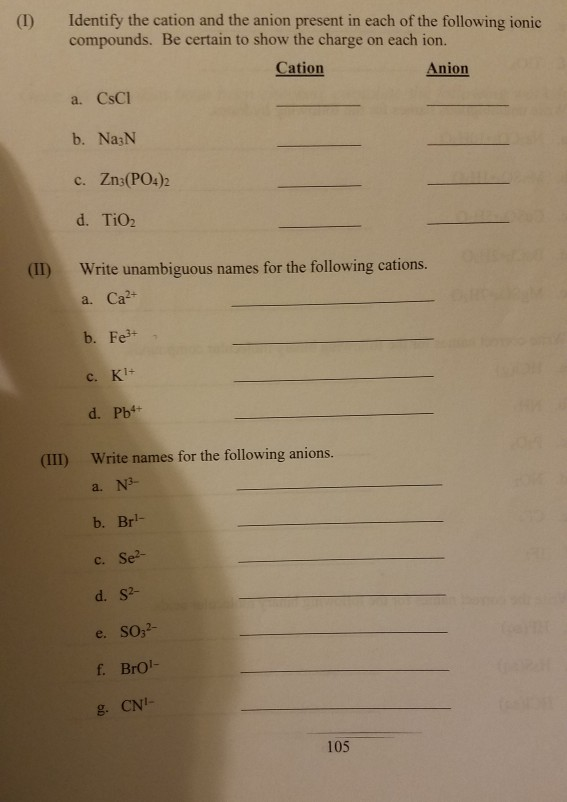 Solved (1) Identify the cation and the anion present in each | Chegg.com