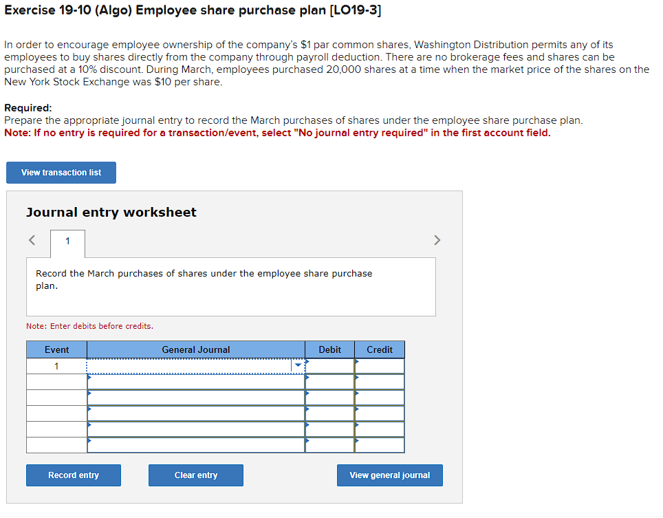 Solved Exercise 19-10 (Algo) Employee share purchase plan | Chegg.com