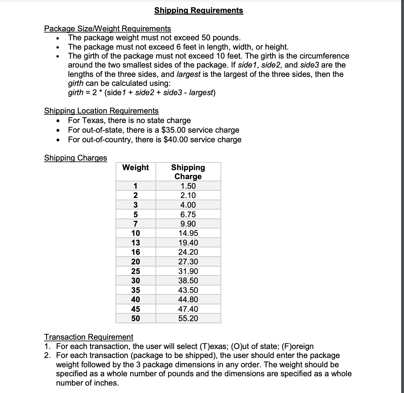 Solved Package Size/Weight Requirements - The package weight | Chegg.com