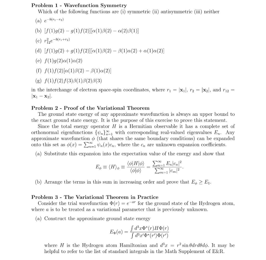 Solved Problem 1 - Wavefunction Symmetry Which of the | Chegg.com