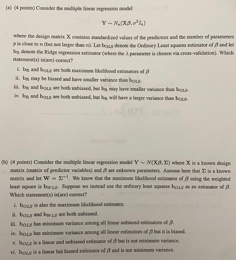 Solved (a) (4 points) Consider the multiple linear | Chegg.com