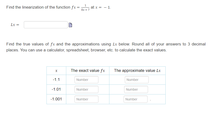 Solved Find the linearization of the function fx=8x+71 at | Chegg.com