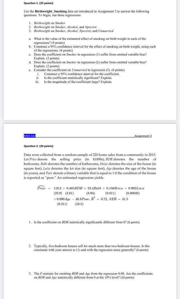 Question 1. (25 ﻿points)Use the Birthweight_Smoking | Chegg.com