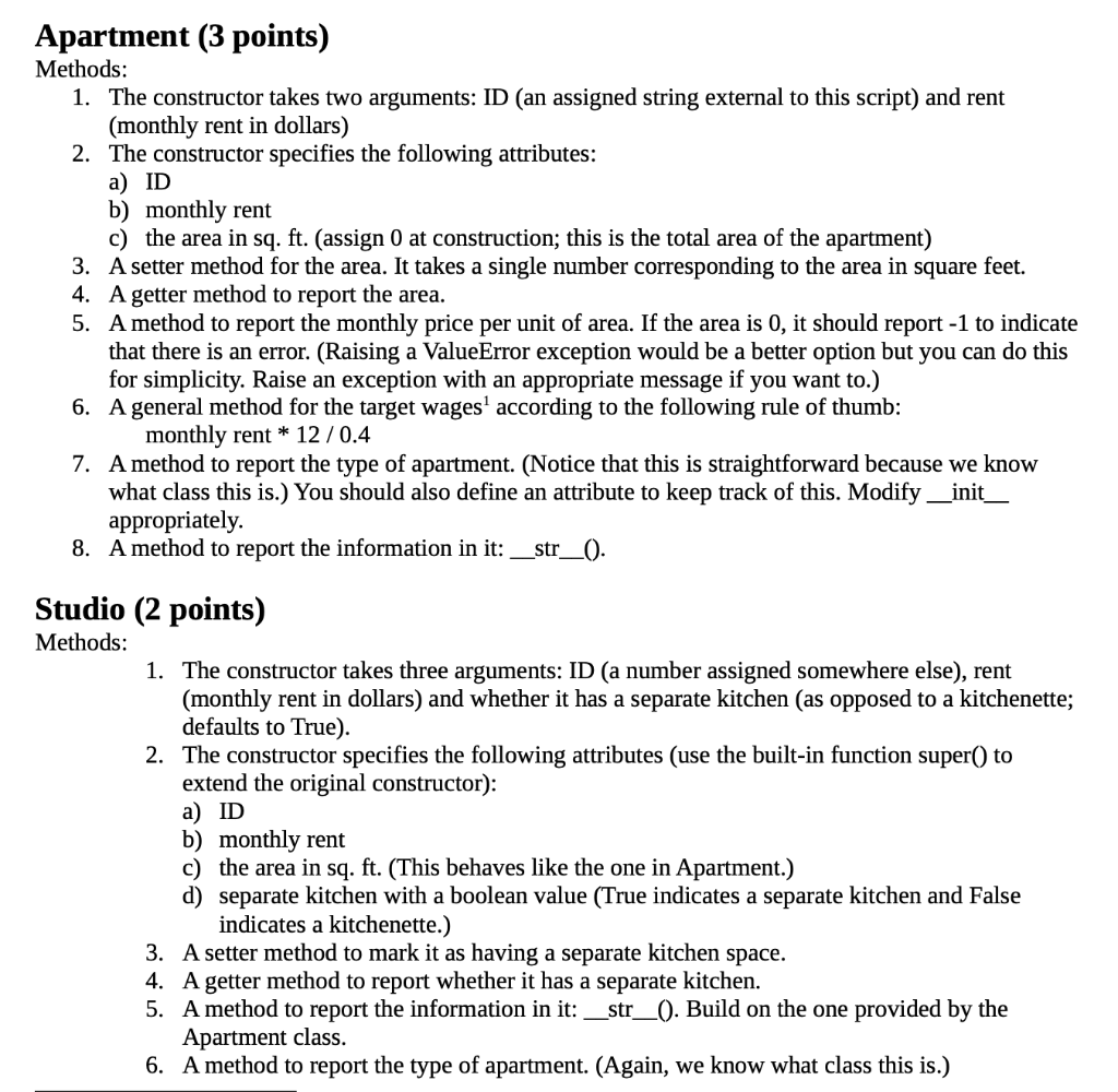 Solved Apartment (3 points) Methods: 1. The constructor | Chegg.com