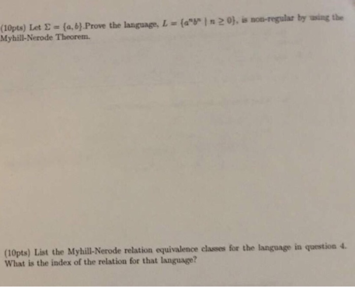 Solved (10pts) Let E (a, b) Prove the language, L (a"In 20), | Chegg.com
