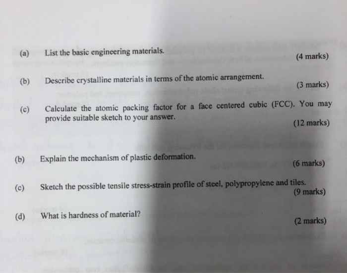Solved List the basic engineering materials. (a) (4 marks) | Chegg.com