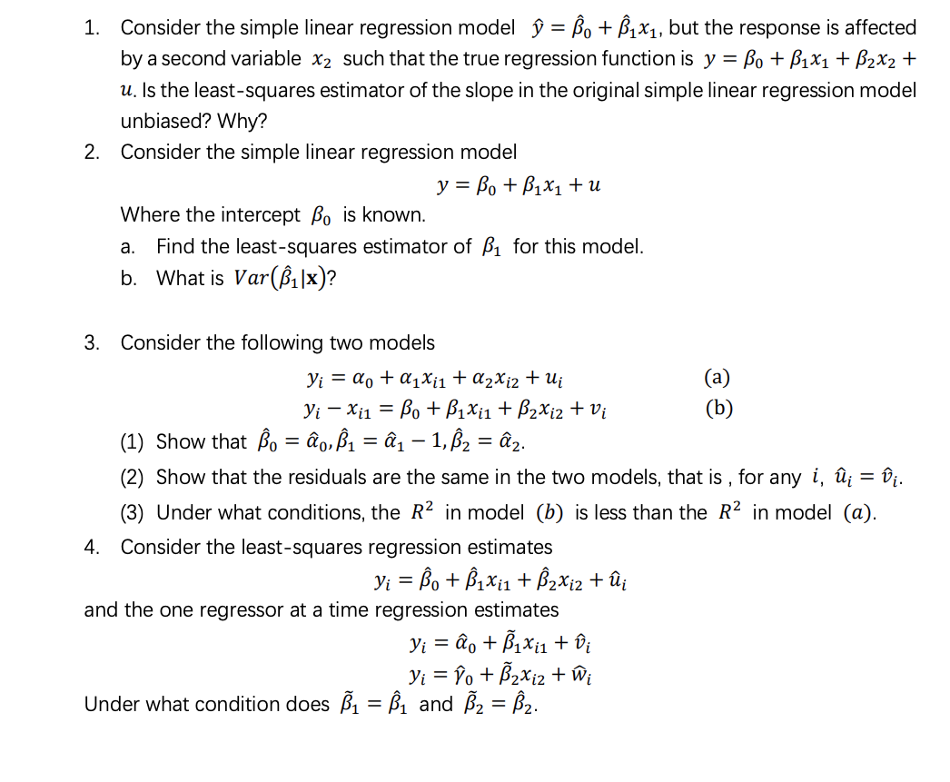 Solved 1. Consider the simple linear regression model ŷ = ₁ | Chegg.com