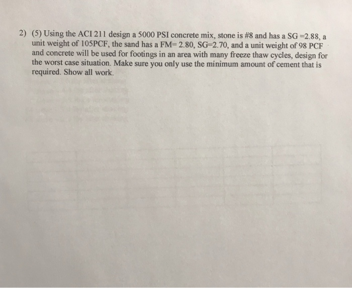 Solved 1) (5) Using the ACI 211 design a 3000 PSI concrete | Chegg.com
