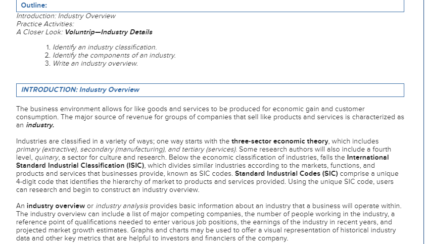 Outline: Introduction: Industry Overview Practice | Chegg.com