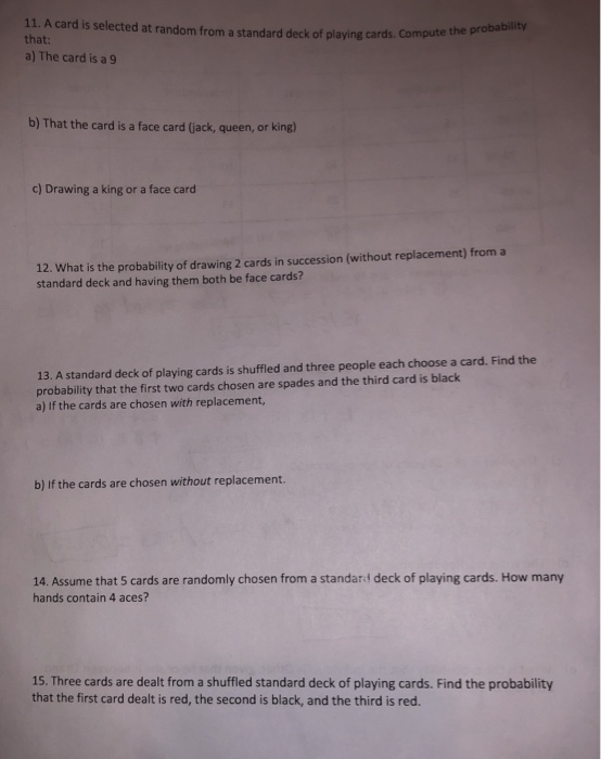 Solved 11. A card is selected at random from a standard deck | Chegg.com