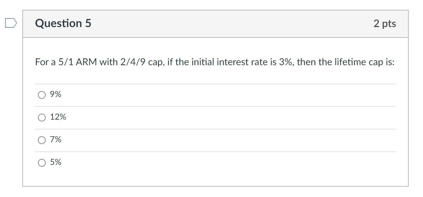 Solved Question 5 2 pts For a 5/1 ARM with 2/4/9 cap, if the | Chegg.com