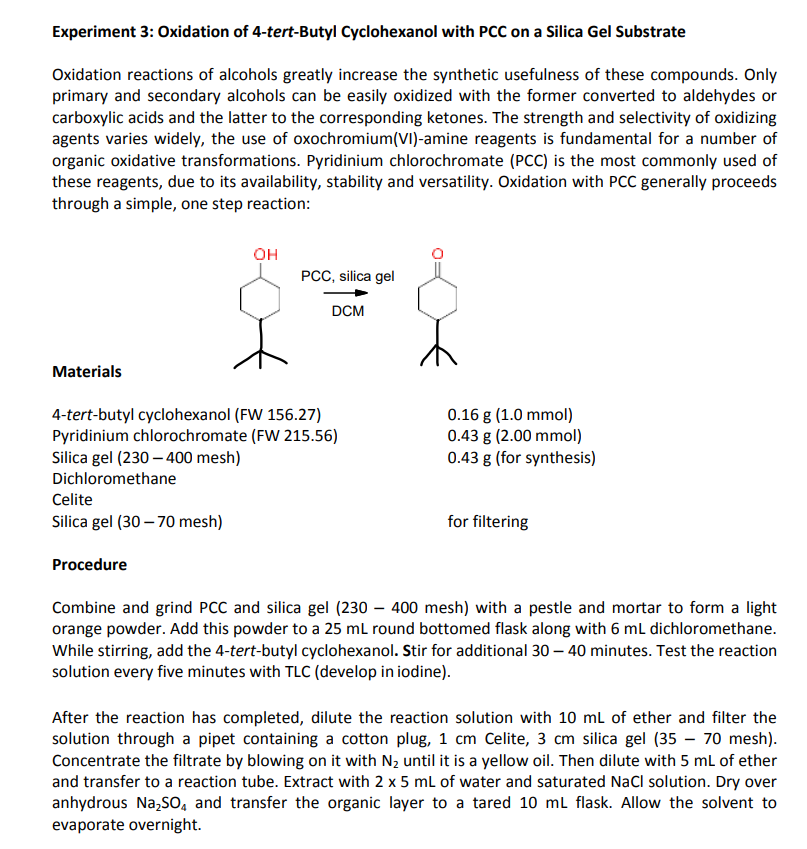 Solved Experiment 3: Oxidation of 4-tert-Butyl Cyclohexanol | Chegg.com