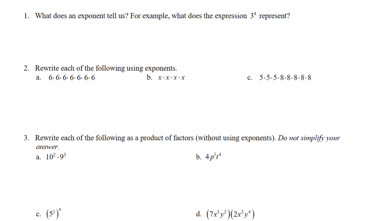 Solved 1. What does an exponent tell us? For example, what | Chegg.com