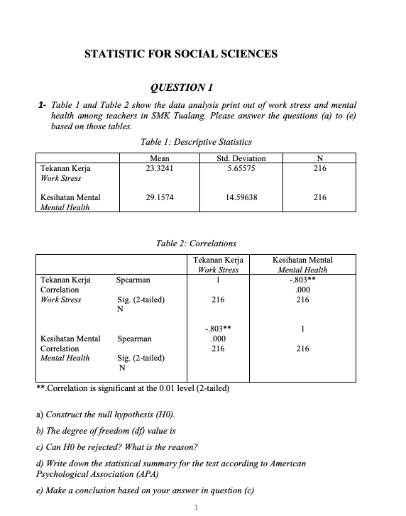 Solved STATISTIC FOR SOCIAL SCIENCES QUESTION I 1- Table 1 | Chegg.com