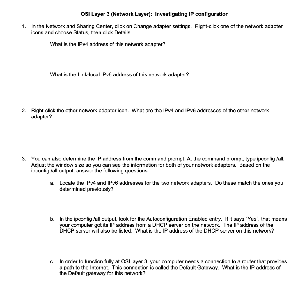 Solved OSI Layer 3 (Network Layer): Investigating IP | Chegg.com