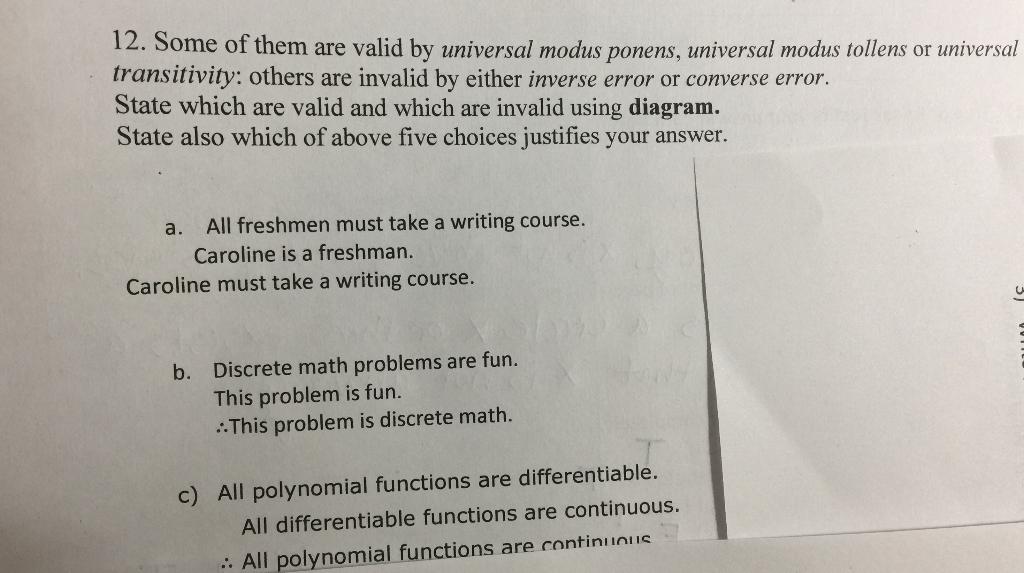 Solved 12. Some of them are valid by universal modus ponens, | Chegg.com