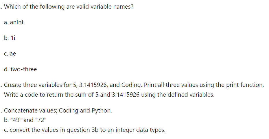 Solved . Which of the following are valid variable names? a. | Chegg.com