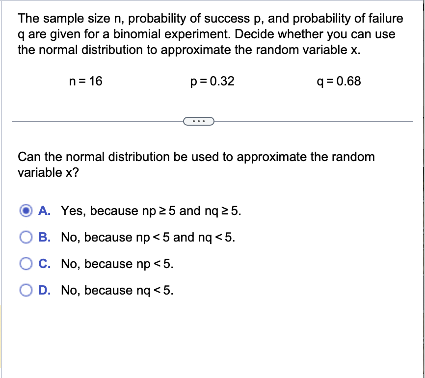 Solved The sample size n, probability of success p, and | Chegg.com
