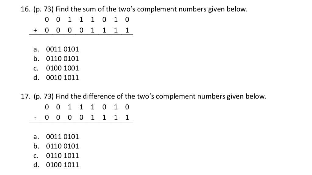 Solved 16 p 73 Find The Sum Of The Two s Complement Chegg