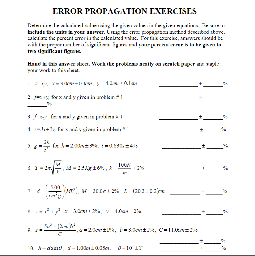 Solved ERROR PROPAGATION EXERCISES Determine the calculated | Chegg.com