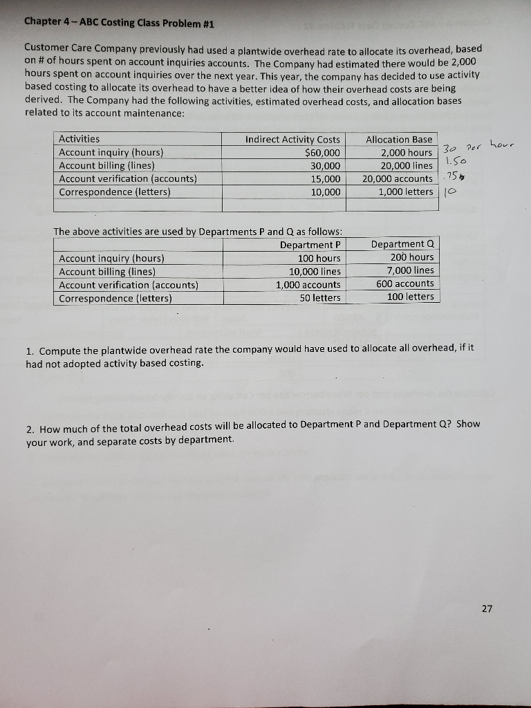 Solved Chapter 4 - ABC Costing Class Problem #1 Customer | Chegg.com