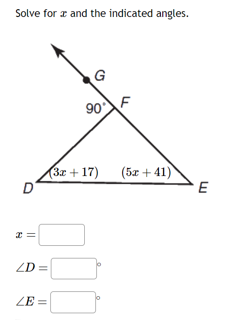 Solved Solve for x ﻿and the indicated angles.x=??D=??E= | Chegg.com