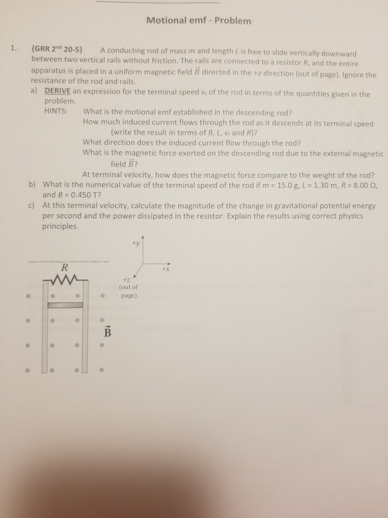 Solved Motional emf Problem 1. (GRR 2nd 20-5) between two | Chegg.com