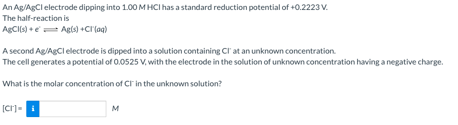Solved An Ag/AgCl electrode dipping into 1.00MHCl has a | Chegg.com