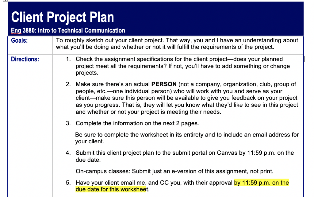 Client Project Plan Eng 3880: Intro to Technical | Chegg.com