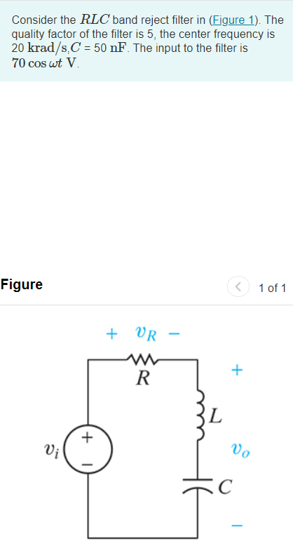 Solved Consider the RLC band reject filter in (Figure 1). | Chegg.com