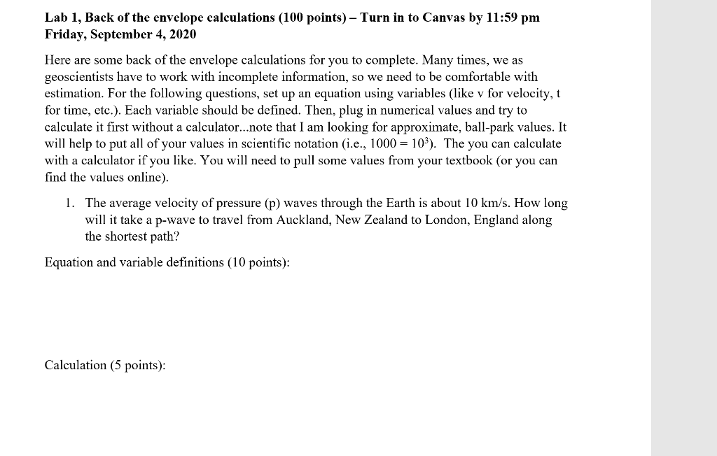 Solved Lab 1 , Back of the envelope calculations ( 100 | Chegg.com