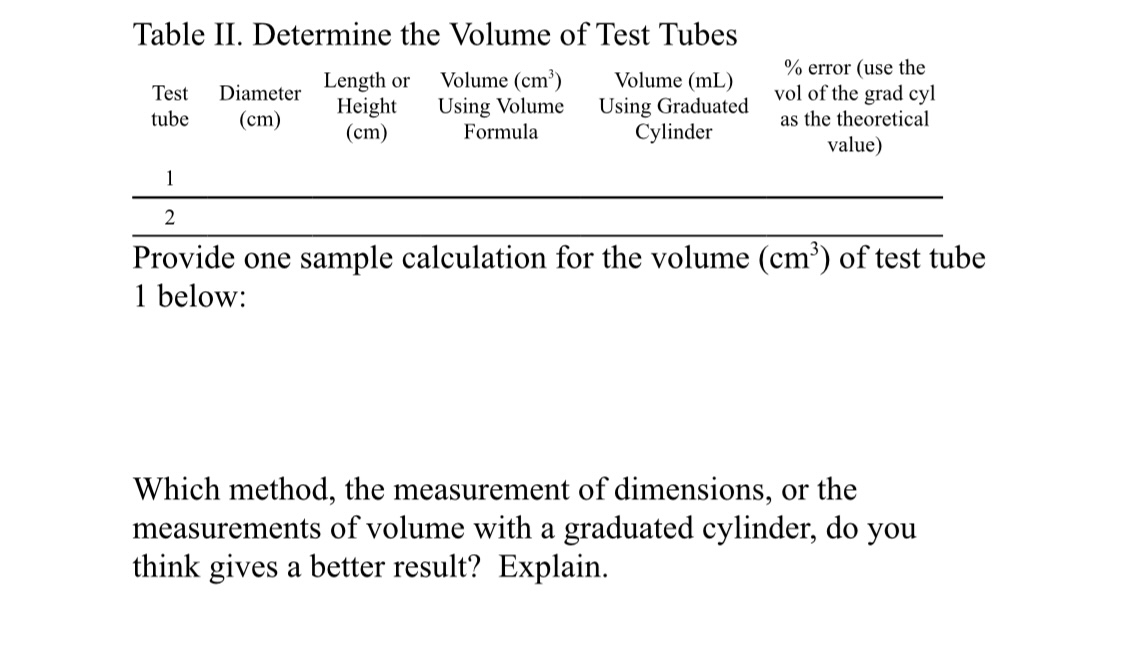 Tahle II Determine the Volume of Test Tuhes 1 2 | Chegg.com