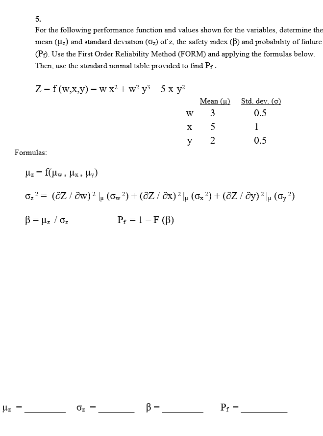 Solved 5. For the following performance function and values | Chegg.com