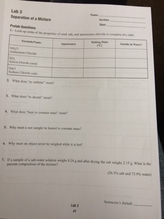 Solved Lab 3 Separation of a Mixture Prelab Questions Name | Chegg.com
