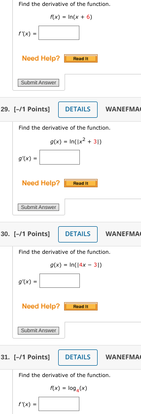 Solved Find the derivative of the function. f(x)=ln(x+6) | Chegg.com
