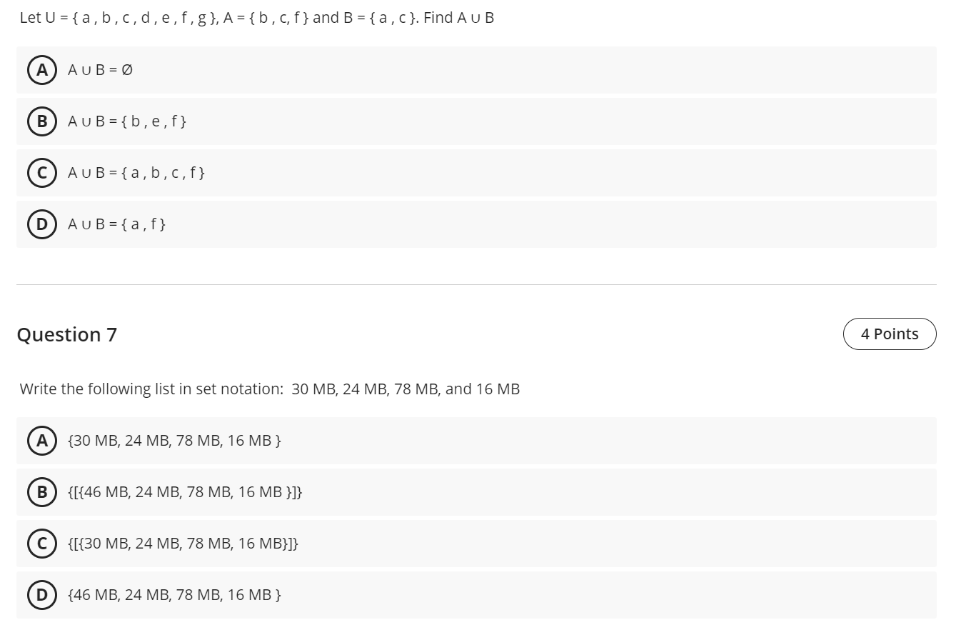 Solved Let U={a,b,c,d,e,f,g},A={b,c,f} and B={a,c}. Find A∪B | Chegg.com Solved Let U={a,b,c,d,e,f,g},A={b,c,f} and B={a,c}. Find A∪B | Chegg.com