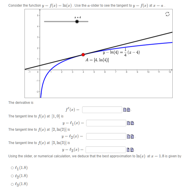 Solved Consider the function y=f(x)=ln(x). Use the a-slider | Chegg.com