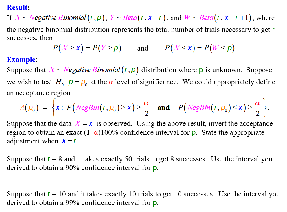Result: If X ~ Negative Binomial (r,p), Y~ Beta(r, | Chegg.com