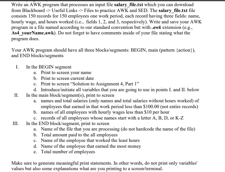 Write an AWK program that processes an input file | Chegg.com