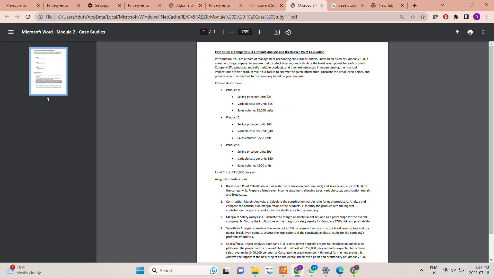Solved Case Study 7: Company STU's Product Analysis and | Chegg.com