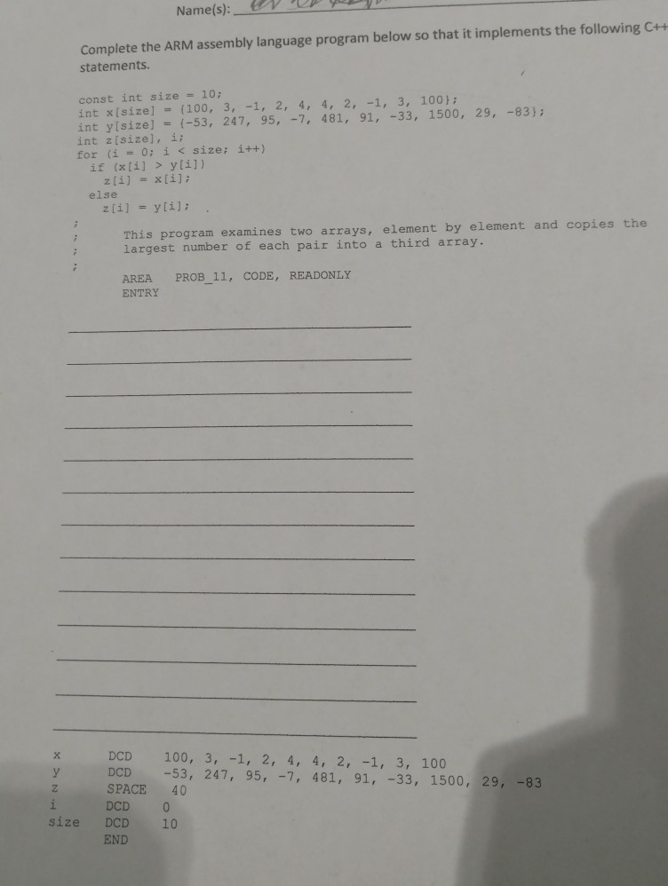 Solved Names Y Complete The Arm Assembly Language Program 