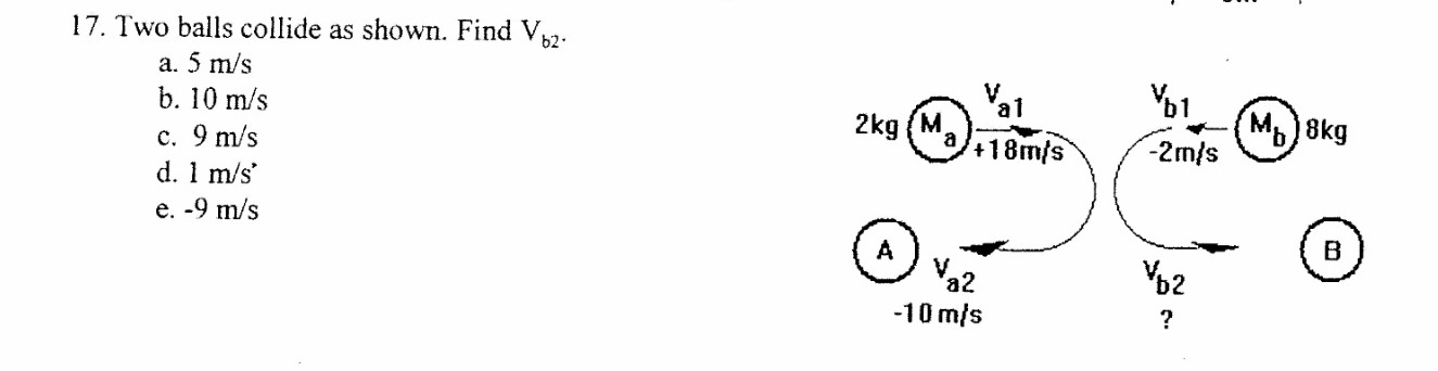 Solved 17. Two balls collide as shown. Find Vb2 a. 5 m/s b. | Chegg.com