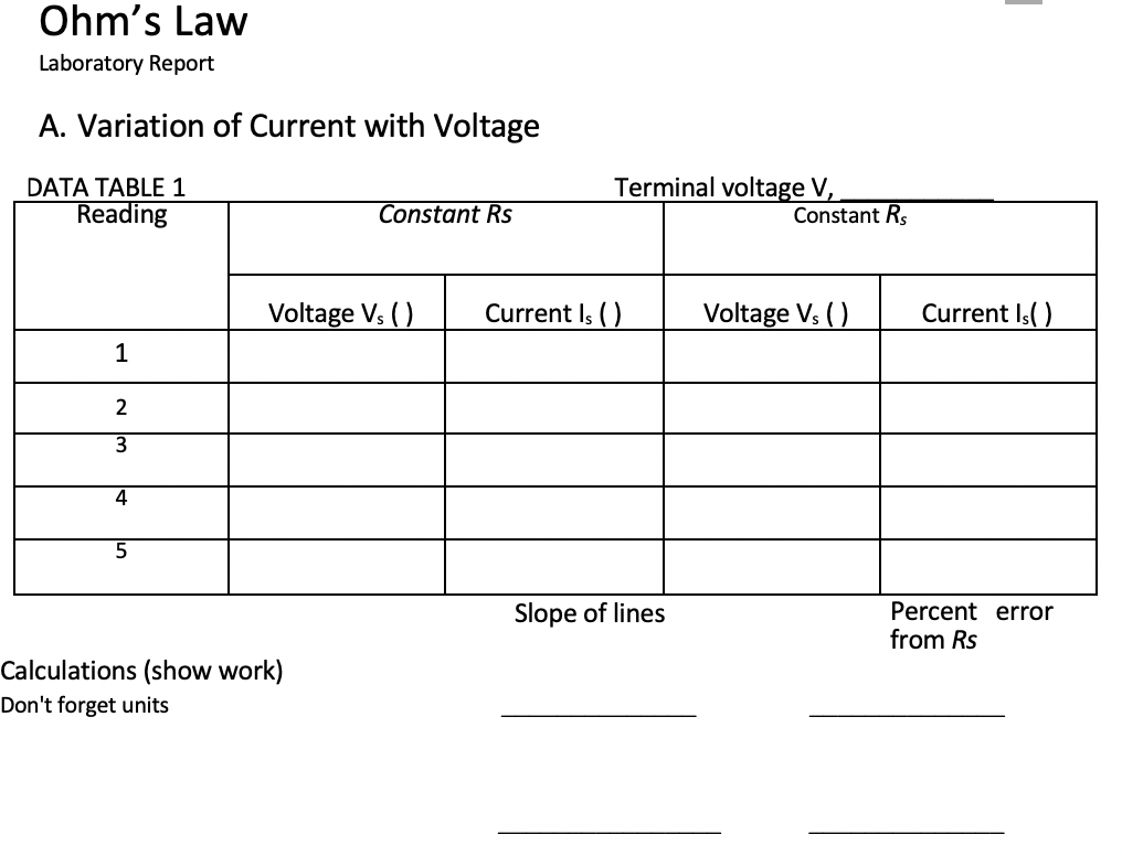 Solved Ohm's Law Laboratory Report A. Variation of Current | Chegg.com