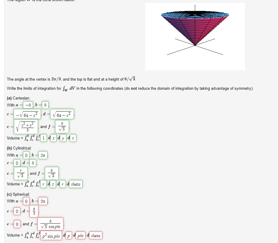 Solved The angle at the vertex is 2π/3, and the top is flat | Chegg.com