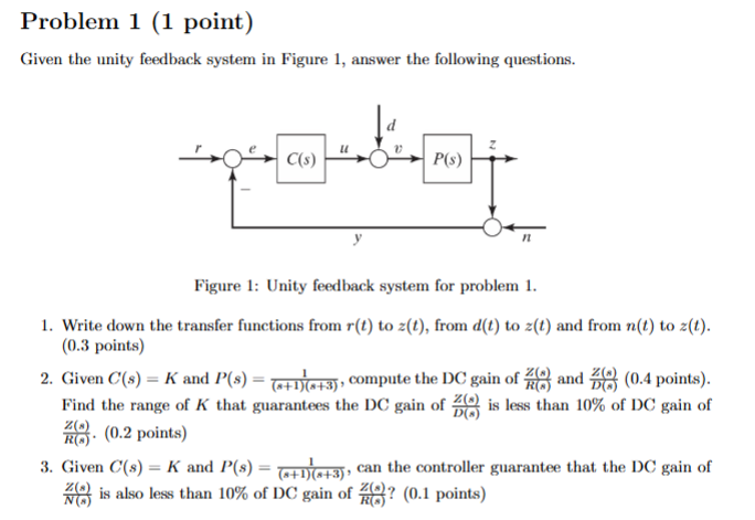 Problem 1 (1 ﻿point)Given the unity feedback system | Chegg.com