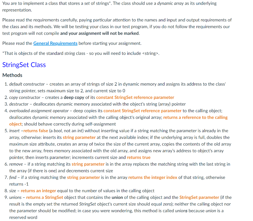 Solved You are to implement a class that stores a set of | Chegg.com