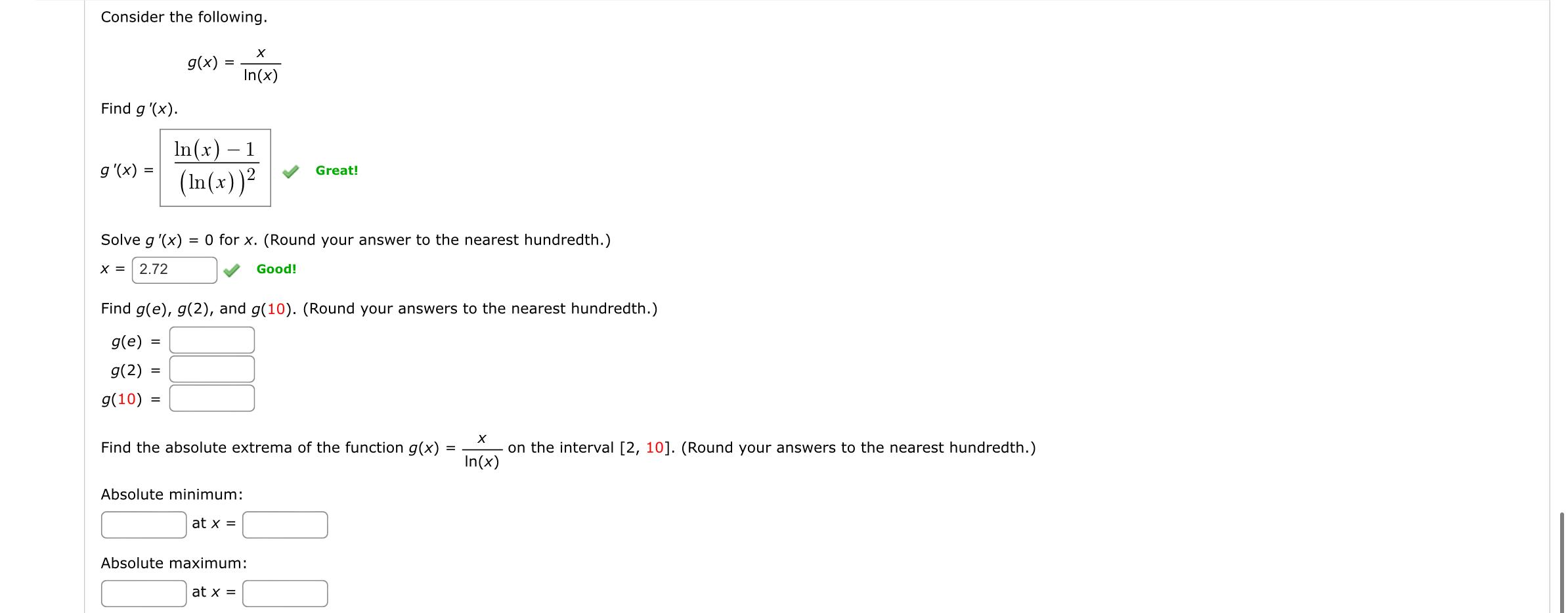 Solved Consider the following. g(x)=ln(x)x Find g′(x) | Chegg.com