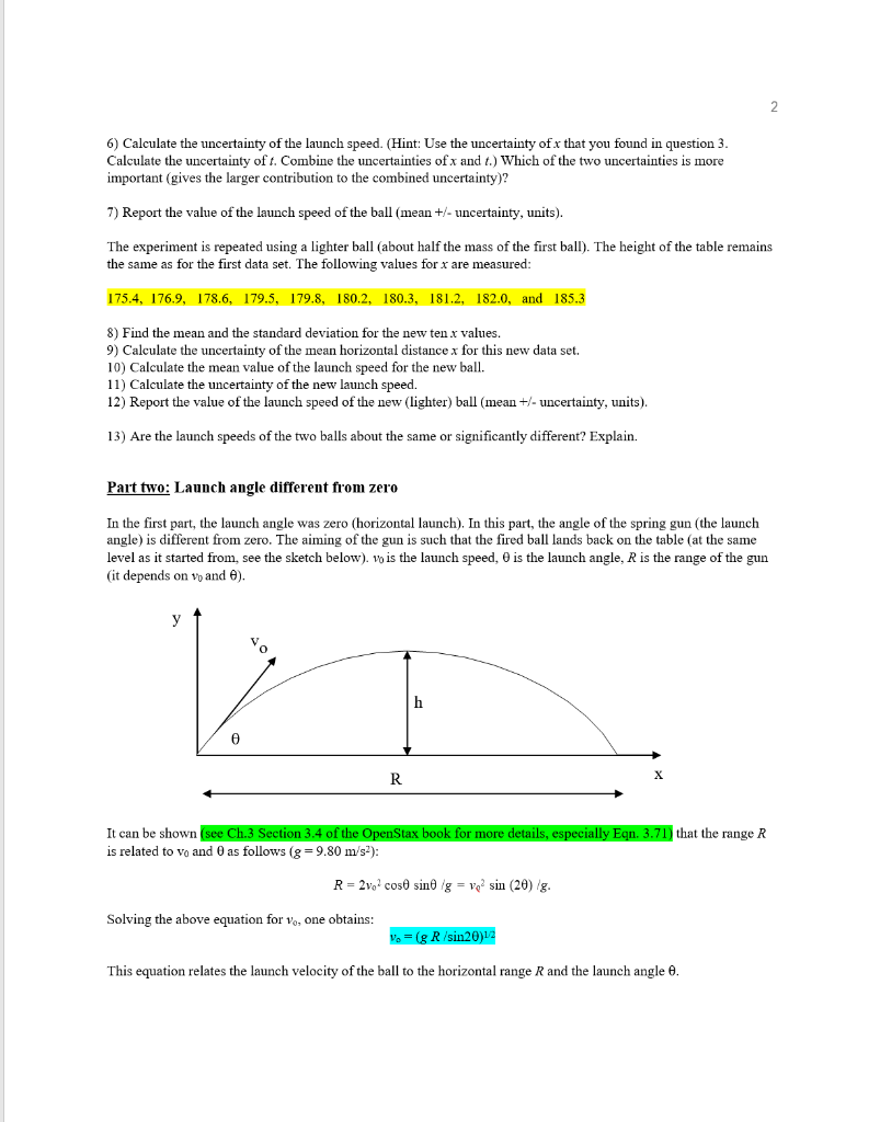 Solved LAB 3: Projectile Motion You will need a few formulas | Chegg.com